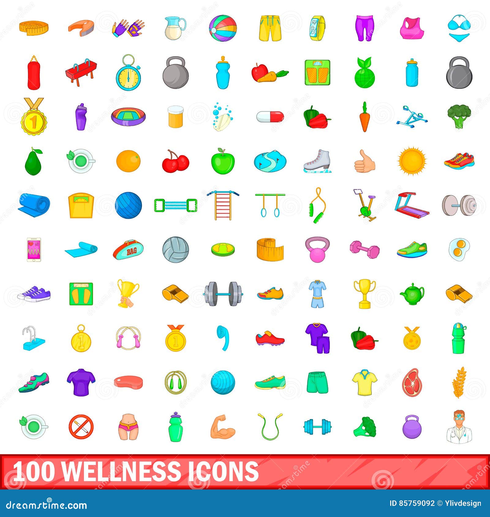 100 Wellness Icons Set, Cartoon Style Stock Vector - Illustration of ...