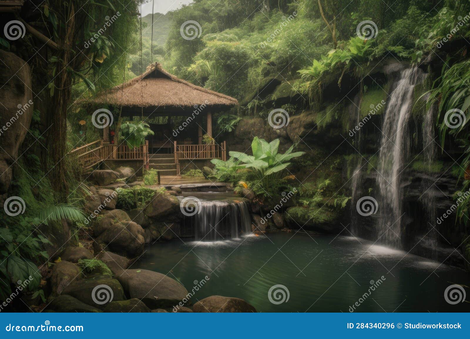 Wellness Retreat with Serene Waterfall and Greenery in the Background ...