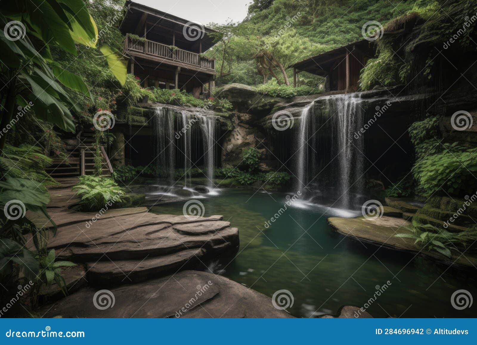Wellness Retreat with Serene Waterfall and Greenery in the Background ...