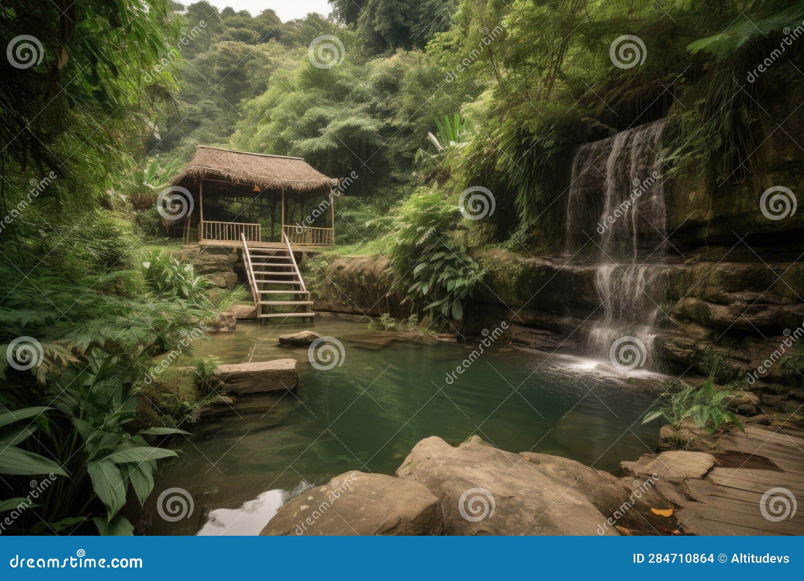 Wellness Retreat with Serene Waterfall and Greenery in the Background ...