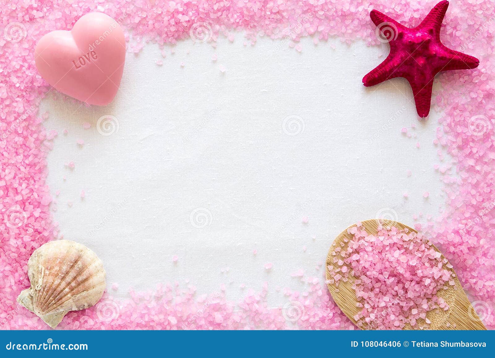 Wellness Setting. Sea Salt Border, Shells and Soaps on White Textured ...