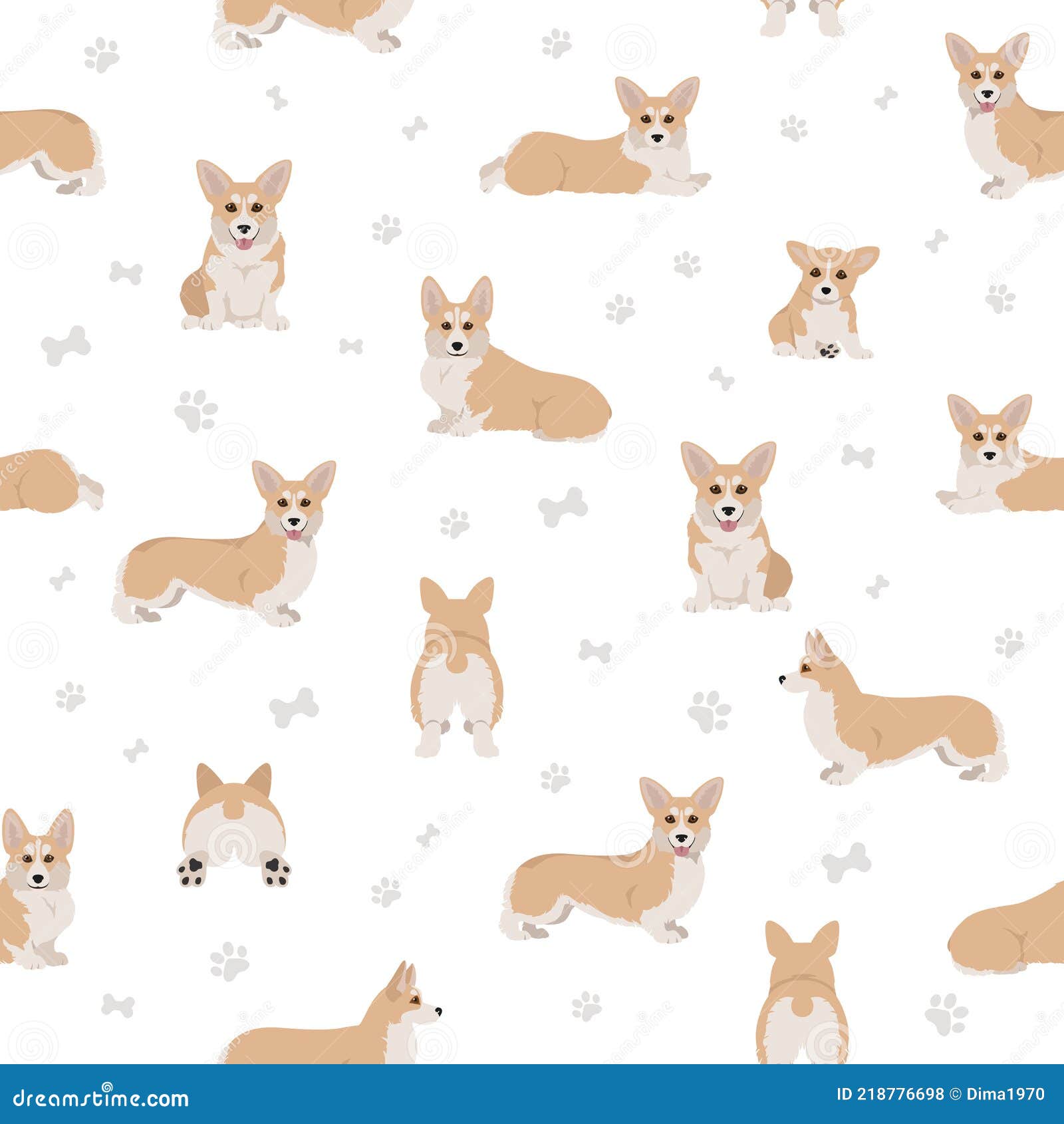 Welsh Corgi Pembroke Seamless Pattern. Different Poses, Coat Colors Set ...