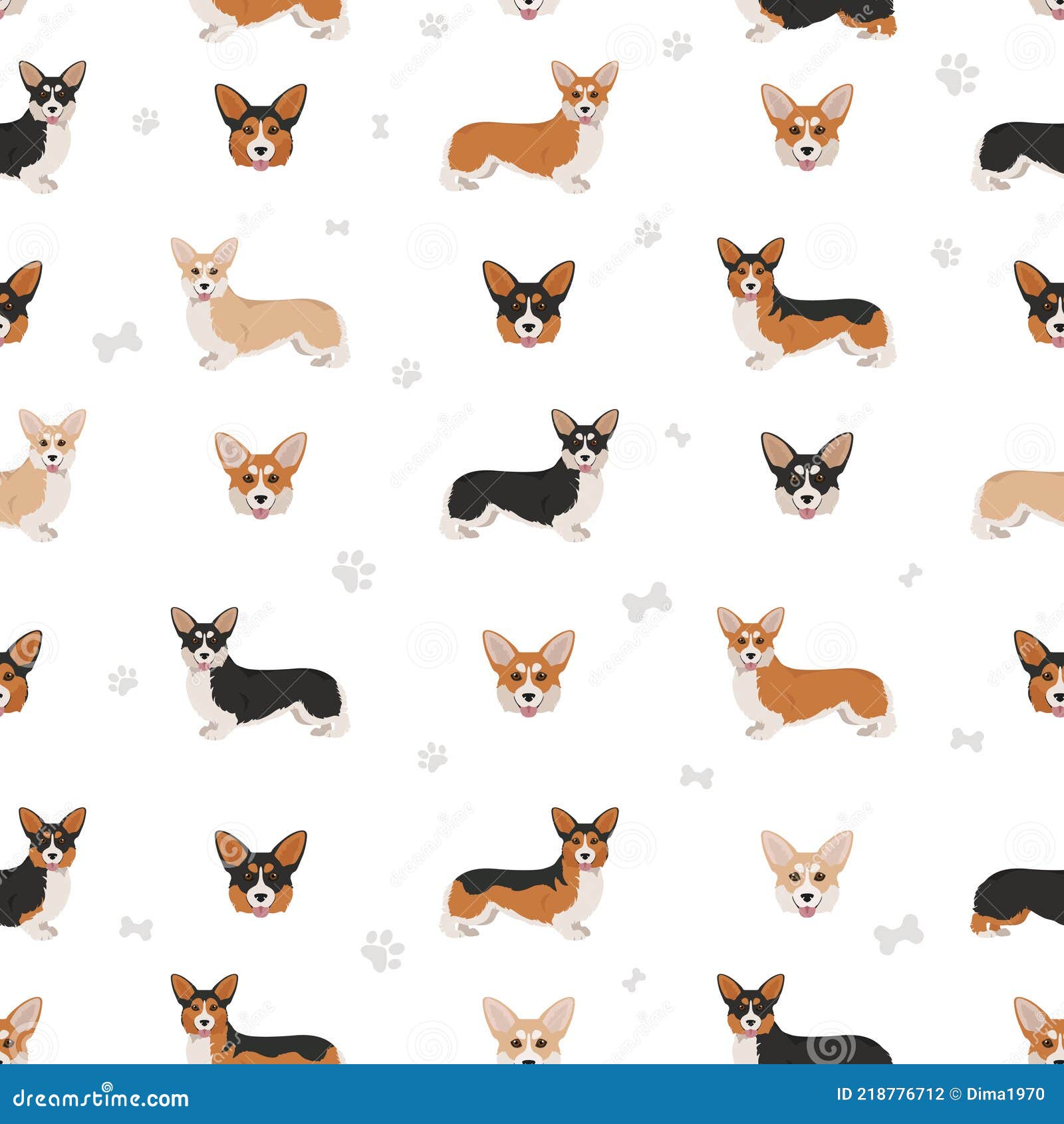 Welsh Corgi Pembroke Seamless Pattern. Different Poses, Coat Colors Set ...