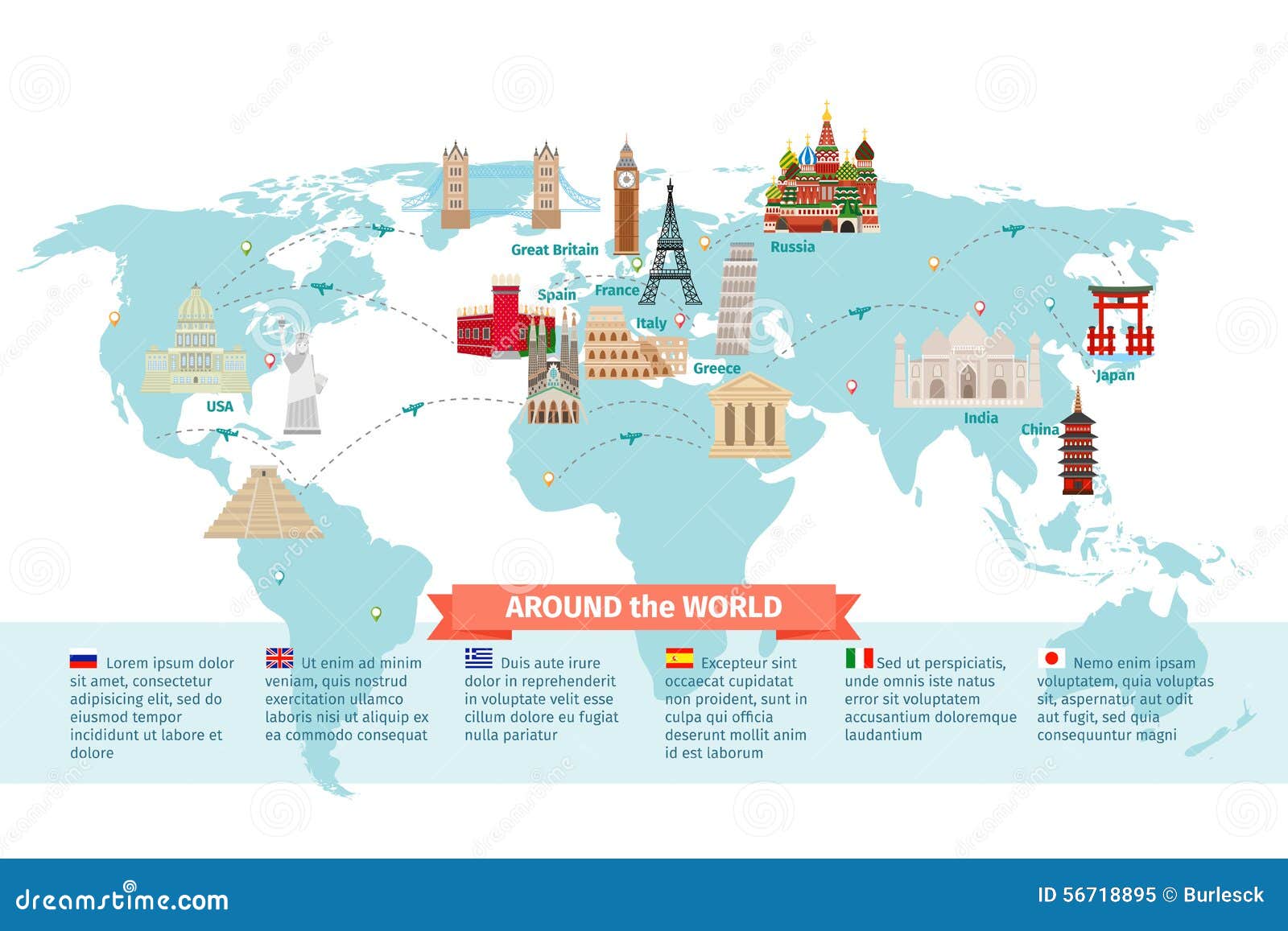 Weltmarksteine auf Karte vektor abbildung. Illustration von eiffel ...