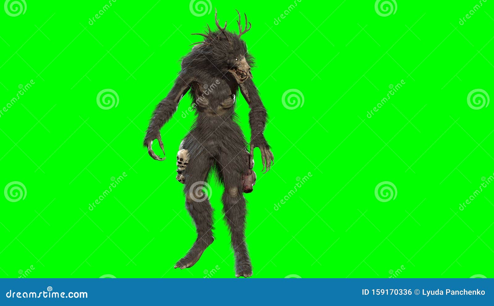 Wendigo Monster Head. Animal Skull With Deer Horns Fur And Ears ...