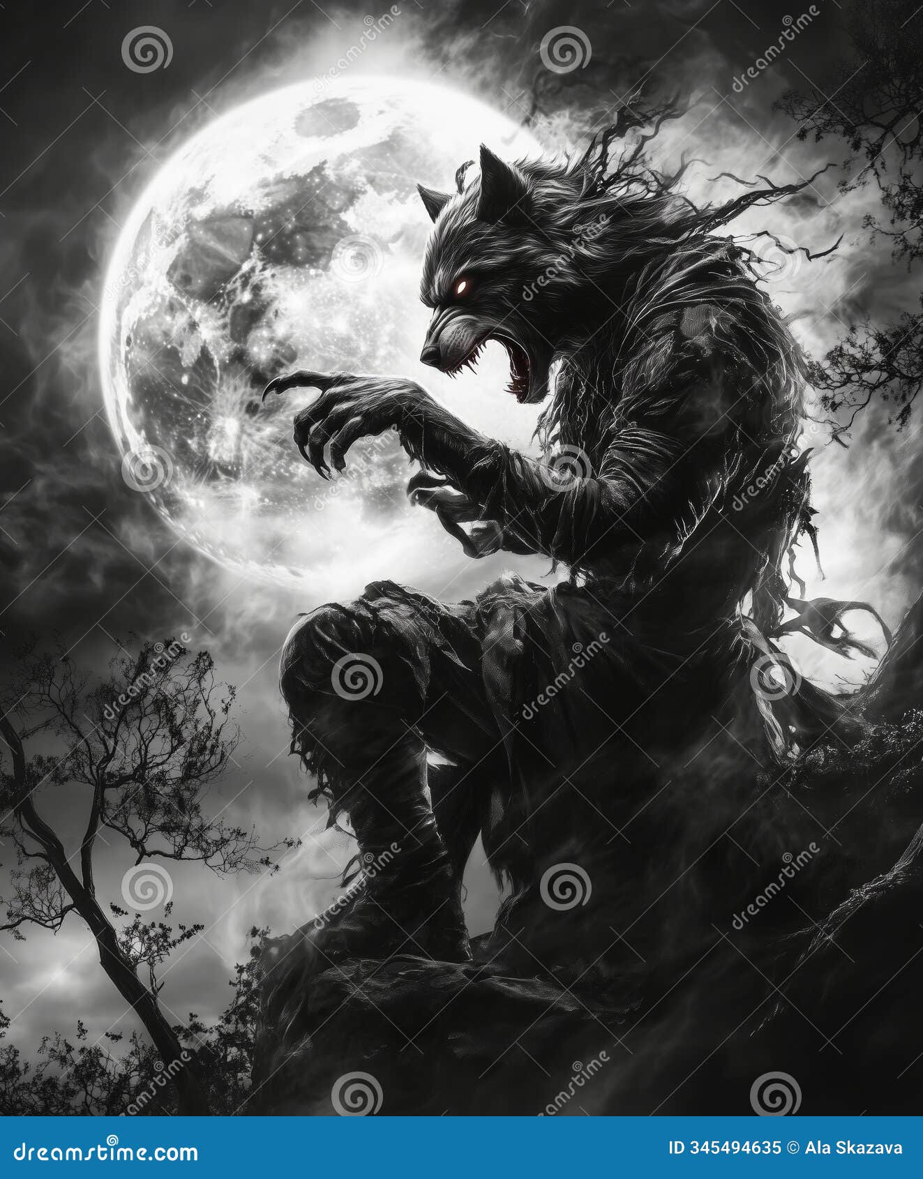 A Werewolf Bursting from Human Clothing Under the Full Moon at Midnight ...