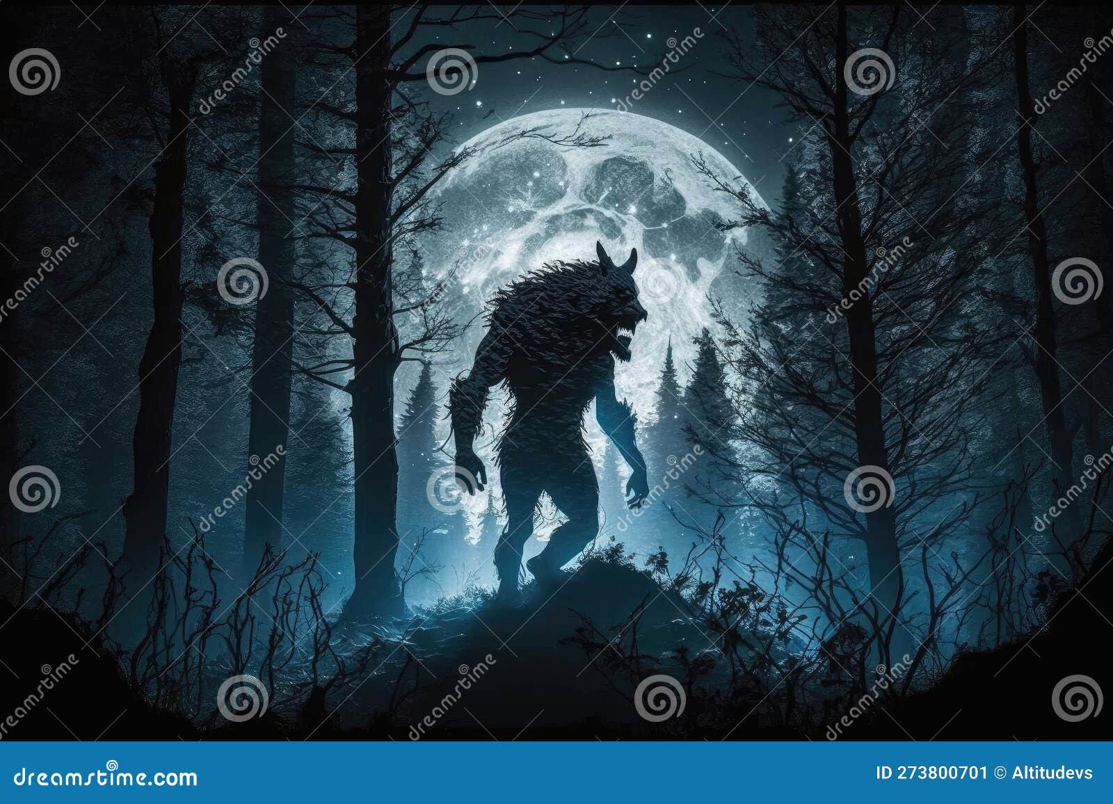 Werewolf, Creeping through the Forest at Night, Under the Moonlight ...
