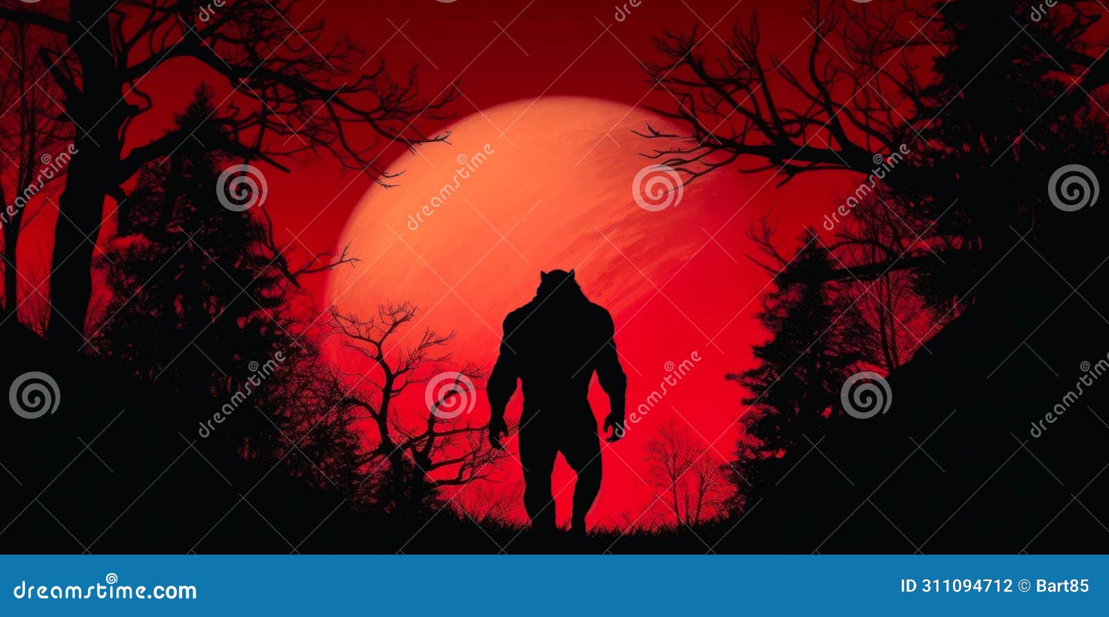 Werewolf Dogman Silhouette and Red Full Moon in Forest. Generative AI ...
