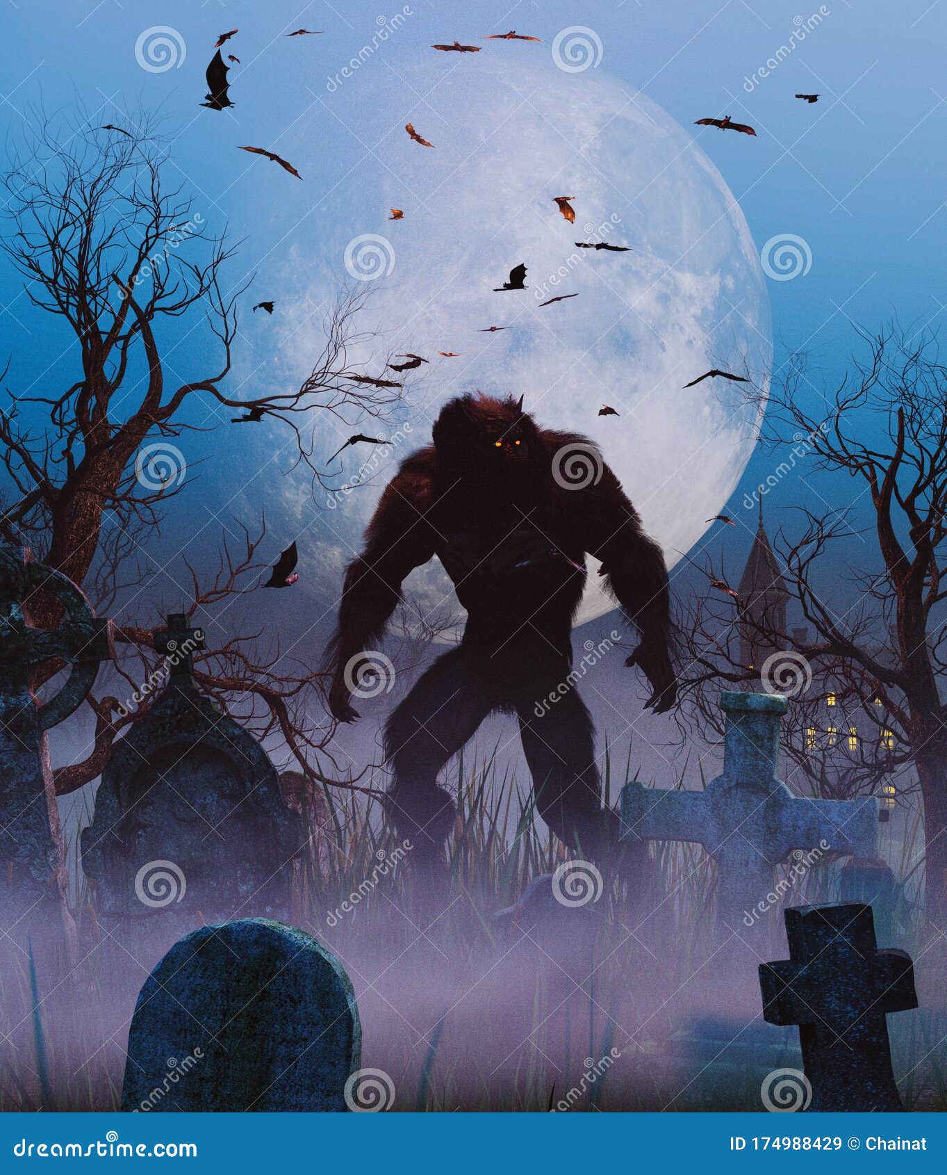 Werewolf in Graveyard Scene Stock Illustration - Illustration of people ...