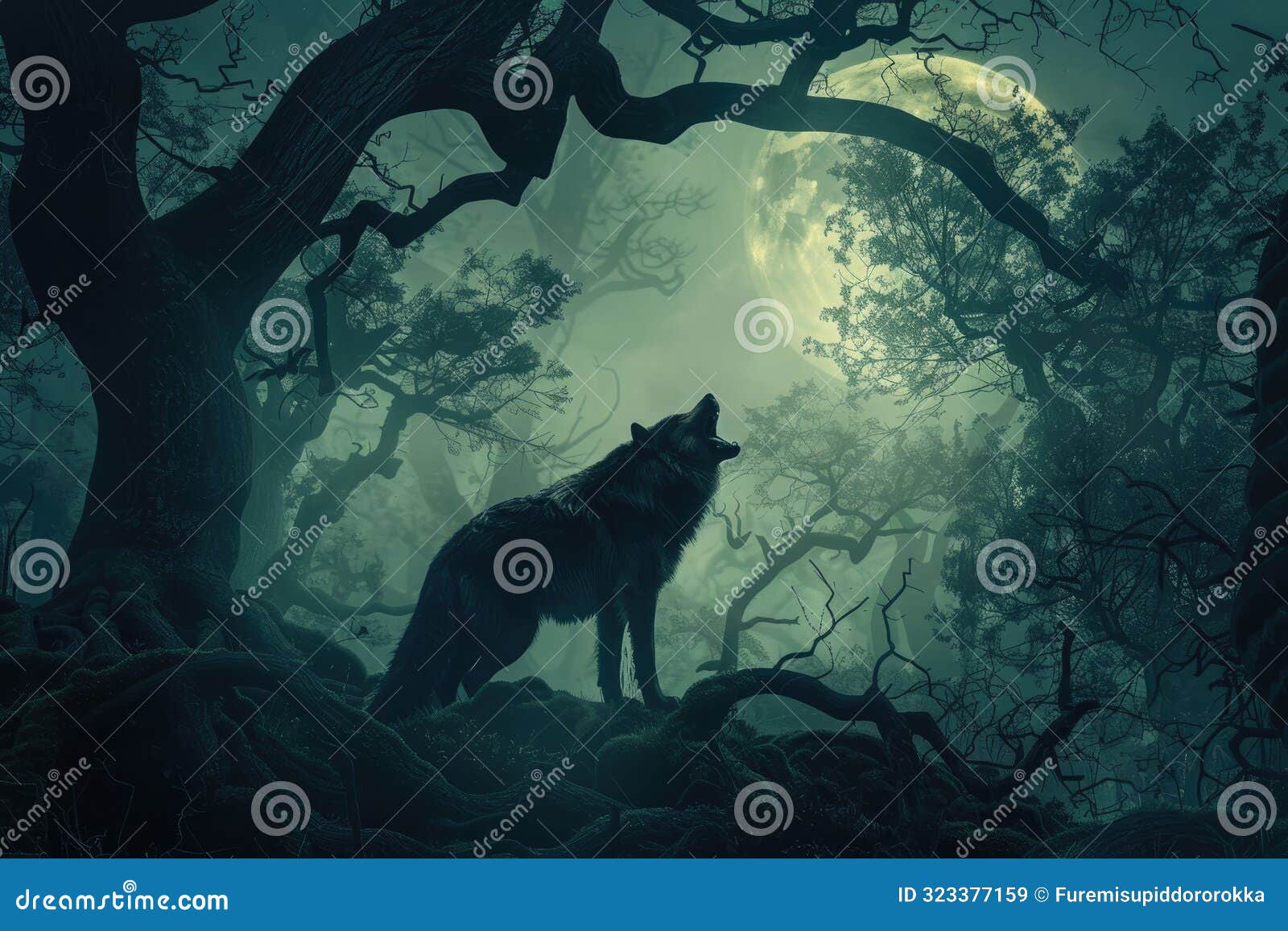 Werewolf Howling at the Moon in a Forest with Twisted Trees Stock ...