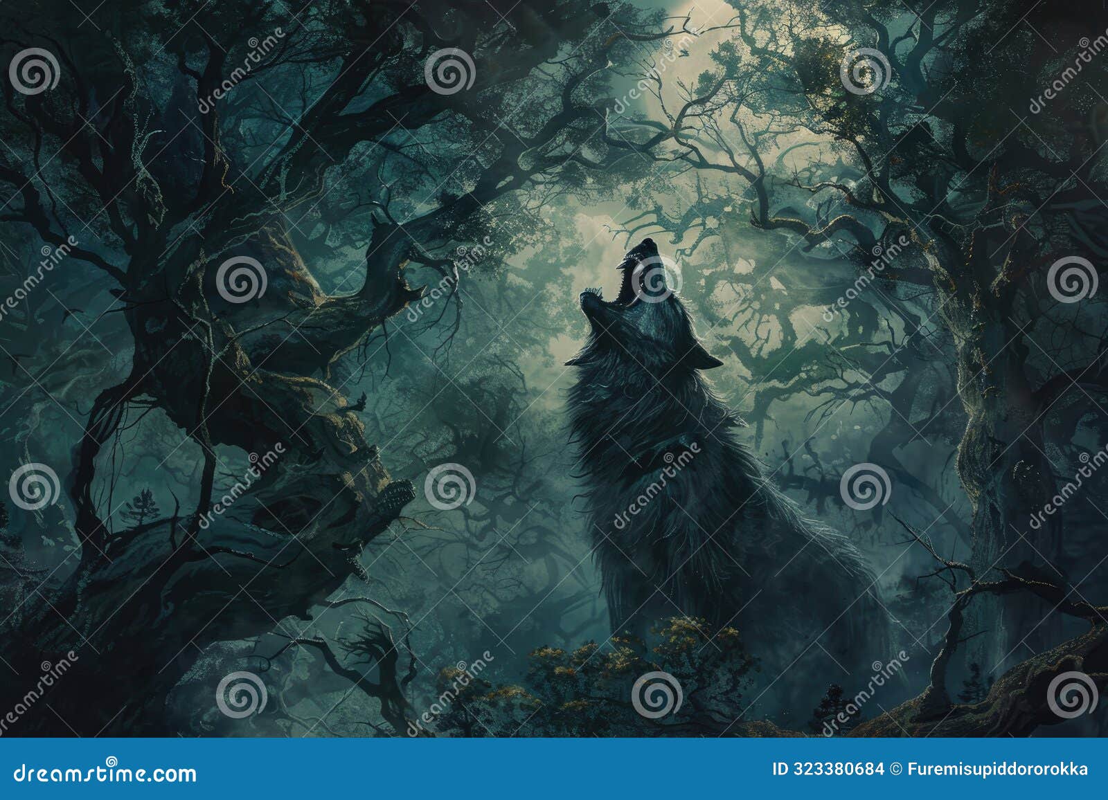Werewolf Howling at the Moon in a Forest with Twisted Trees Stock ...