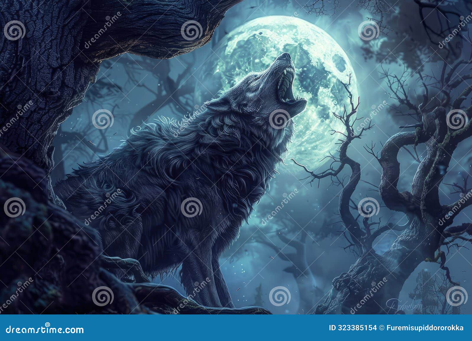 Werewolf Howling at the Moon in a Forest with Twisted Trees Stock ...
