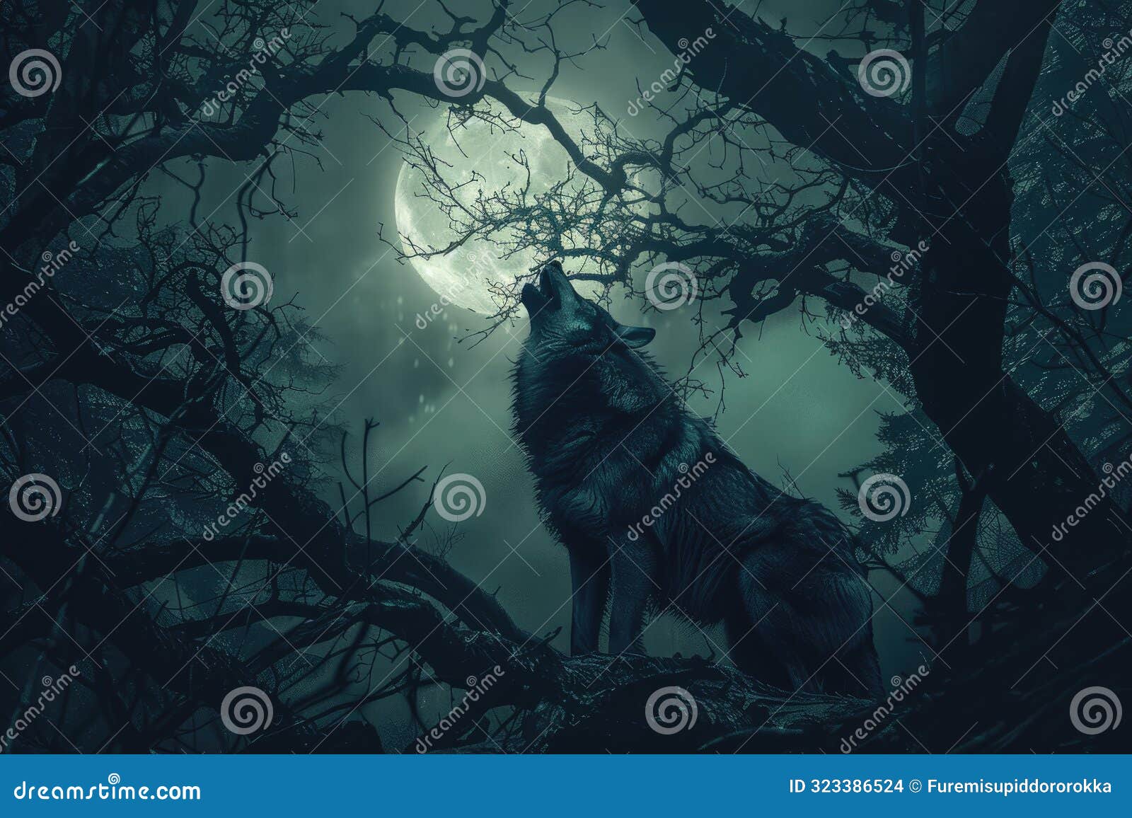 Werewolf Howling at the Moon in a Forest with Twisted Trees Stock ...