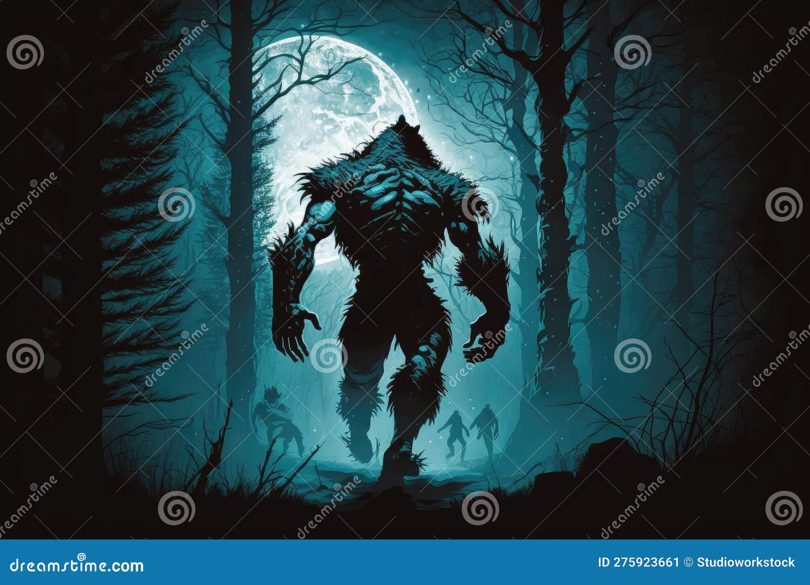 Werewolf Prowling through Moonlit Forest at Night Stock Illustration ...