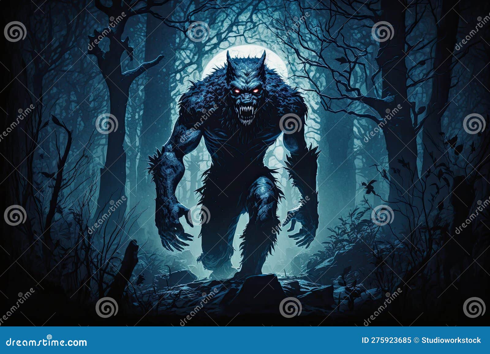 Werewolf Prowling through Moonlit Forest at Night Stock Illustration ...