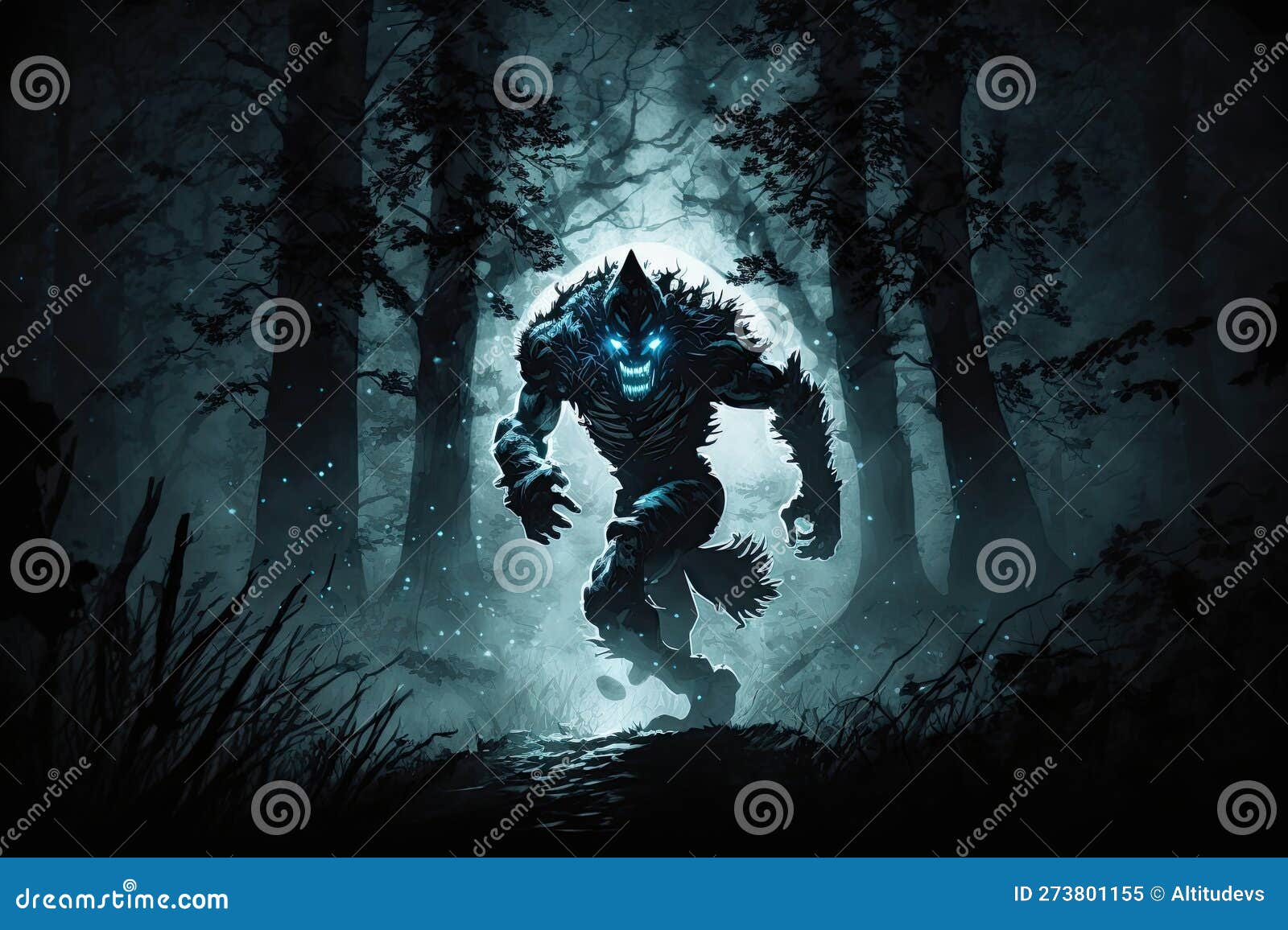 Werewolf Running through Dark Forest, with Moonlight Shining Down Stock ...