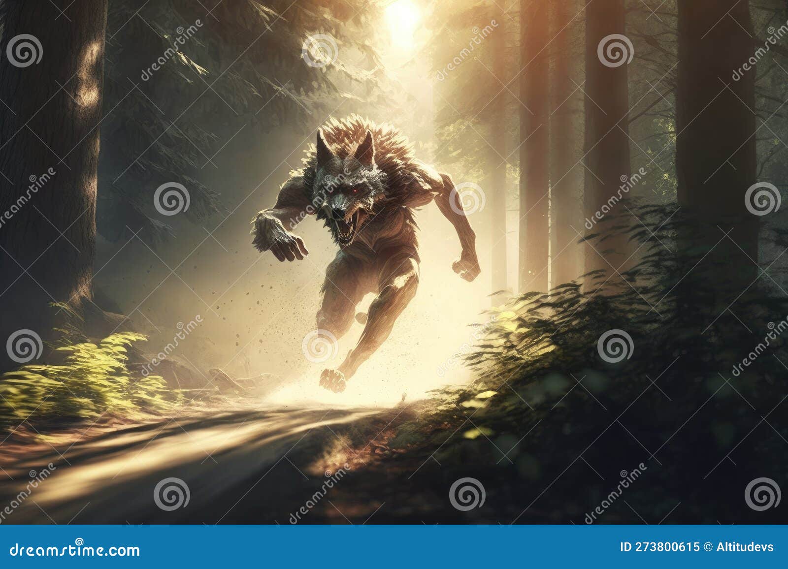 Werewolf Running through Forest, Chasing Its Next Prey Stock ...