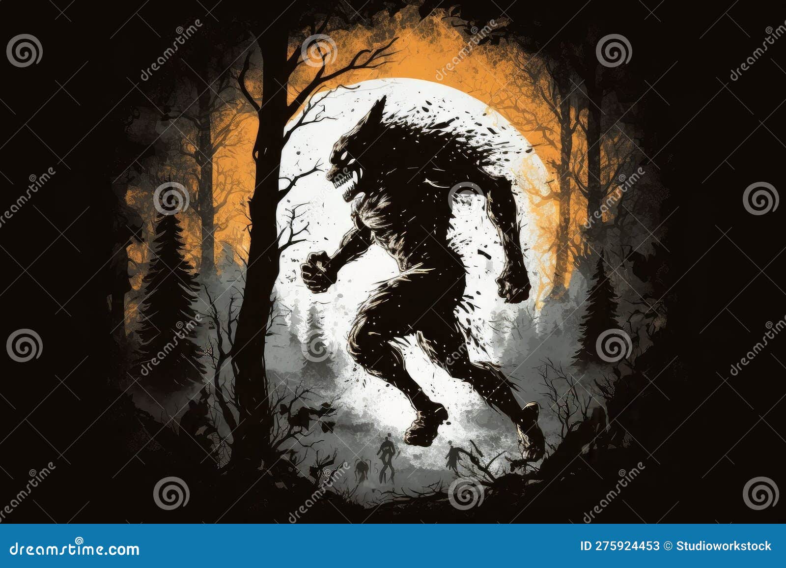 Werewolf Running through Forest, with Moonlight Shining Down Stock ...