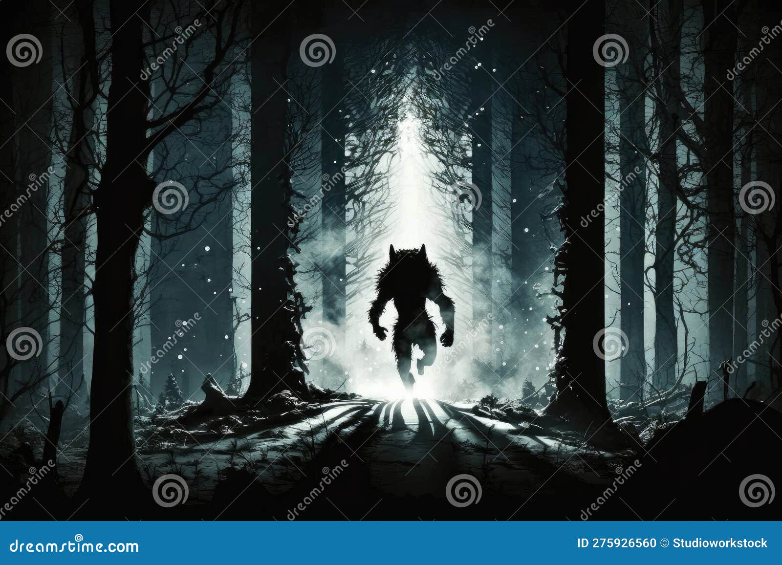 Werewolf Running through Moonlit Forest, with the Beams of Light ...