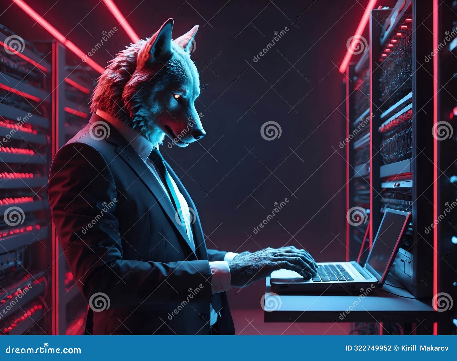 Werewolf is Typing on a Laptop in a Server Room with Blue and Red ...