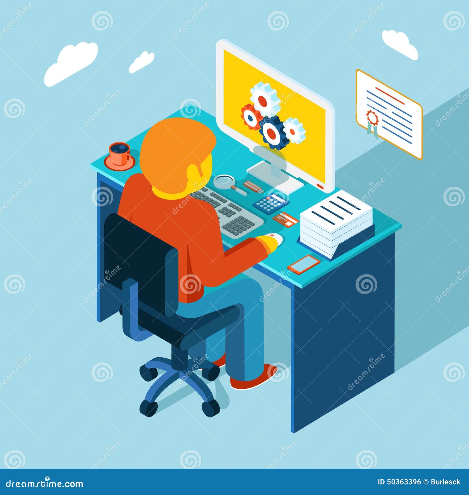 Werkplaats Het Werken Bij Computer Vlakke 3d Isometrisch Vector ...