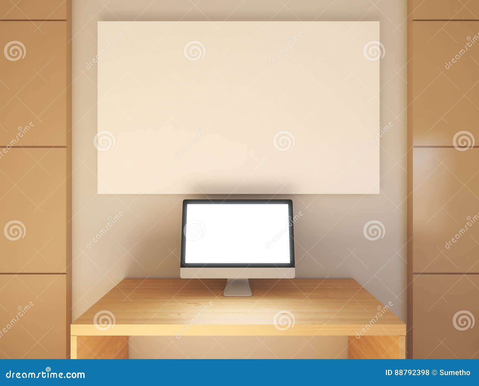 Werkruimtemodel Met Close-up Van Het Lege Witte Computerscherm Stock ...