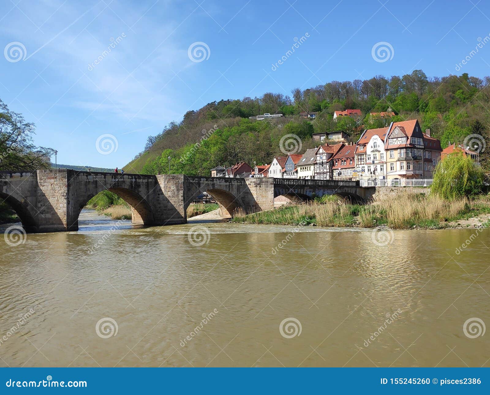 Werra River in Hann. Muenden with Old Stone Bridge and Blume District ...