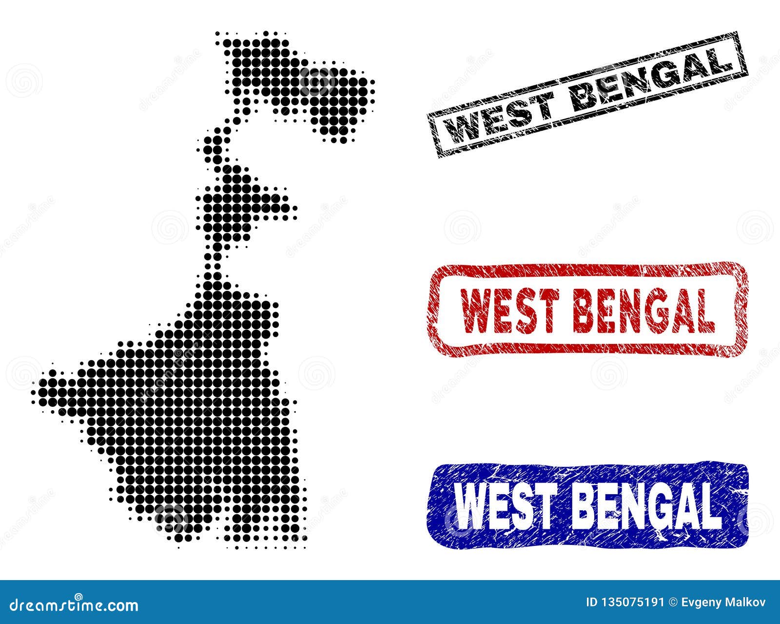 West Bengal State Map in Halftone Dot Style with Grunge Title Stamps ...