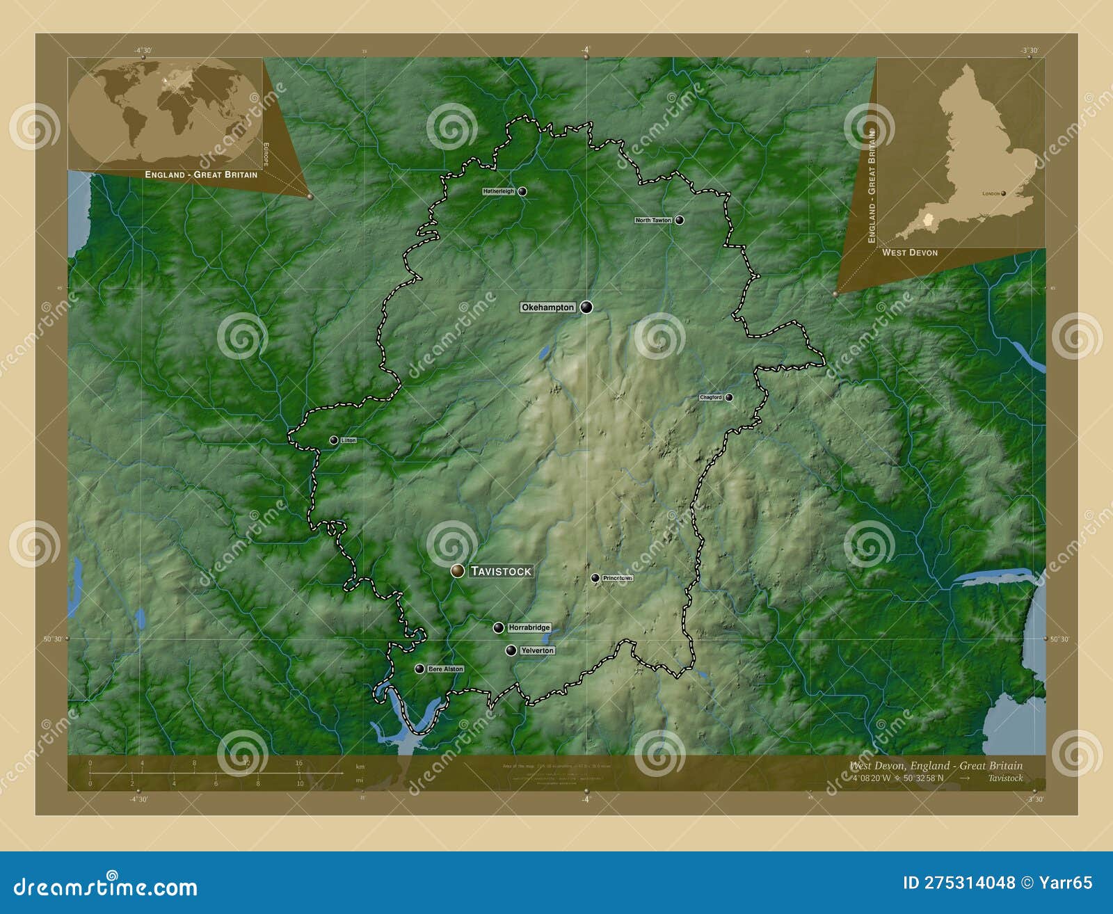 West Devon, England - Great Britain. Physical. Labelled Points O Stock ...