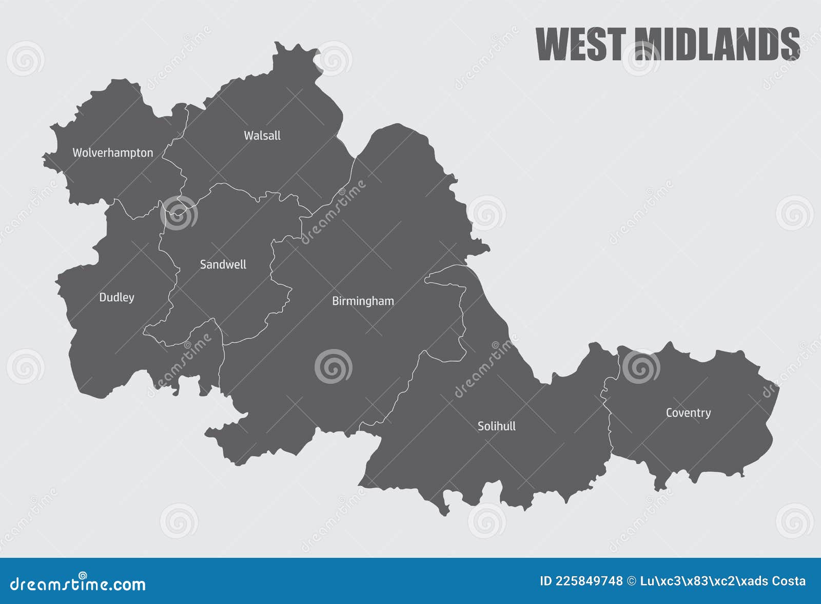West Midlands County Administrative Map Stock Vector - Illustration of ...