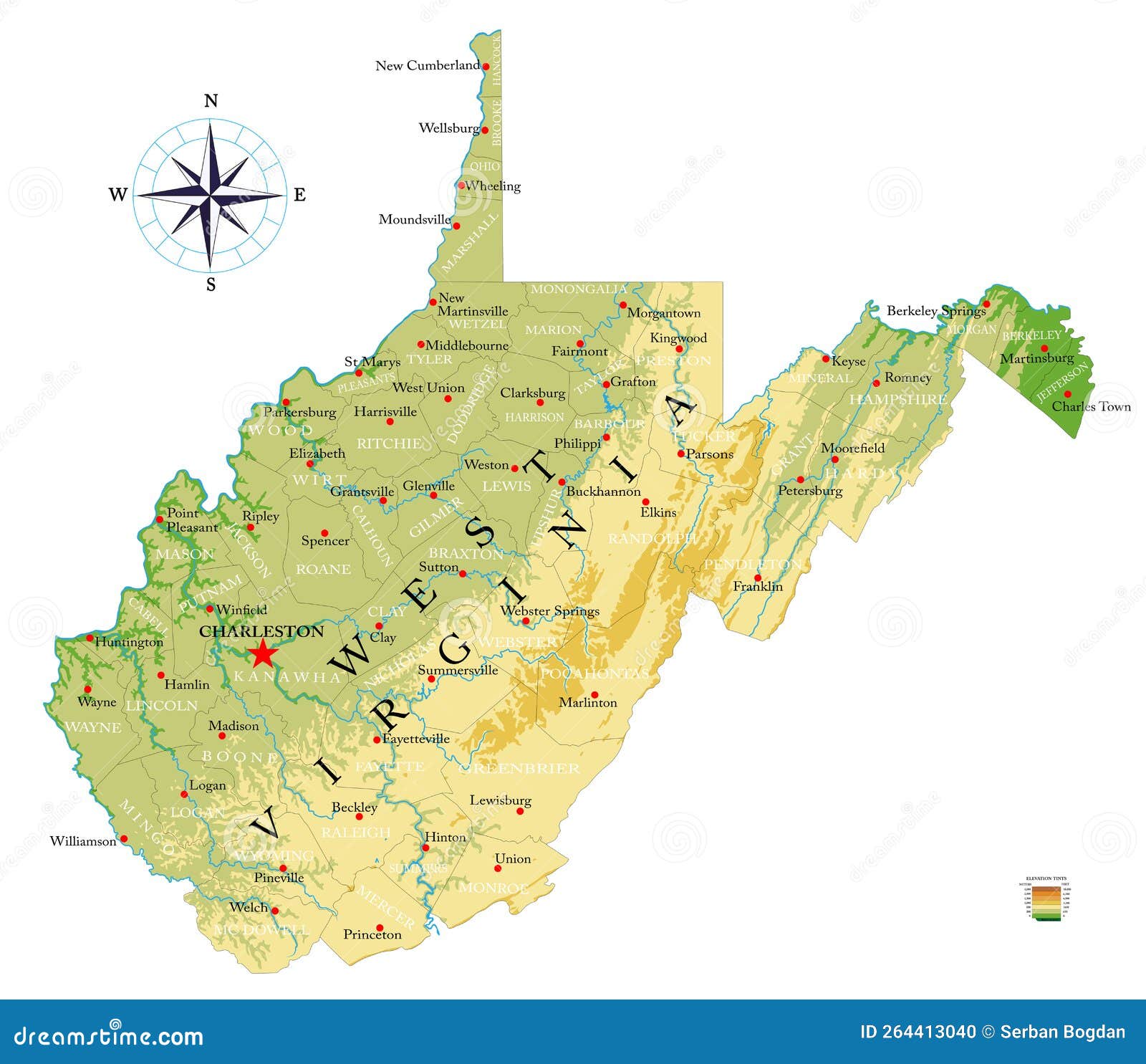 West Virginia Highly Detailed Physical Map Vector Illustration ...