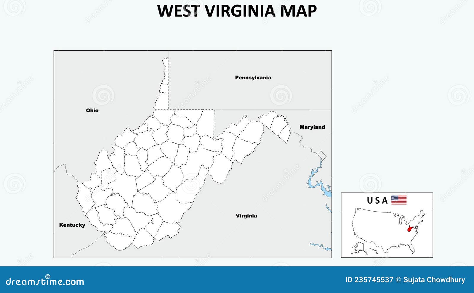 West Virginia Map. Political Map of West Virginia with Boundaries in ...