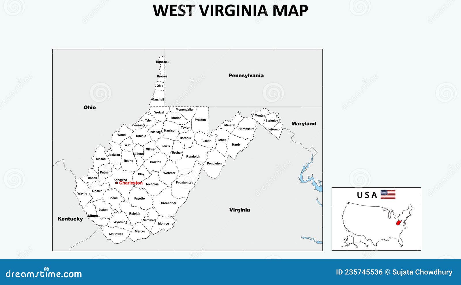 West Virginia Map. Political Map of West Virginia with Boundaries in ...