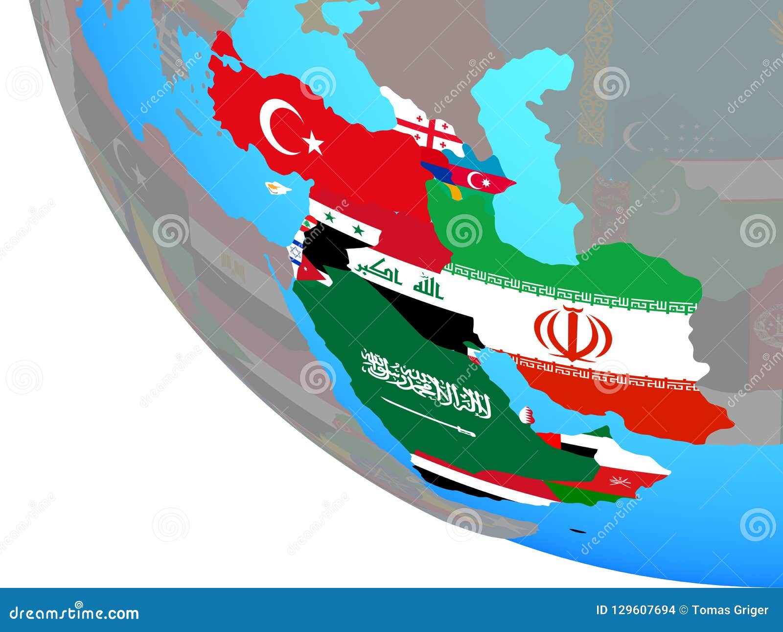 Western Asia with Flags on Globe Stock Illustration - Illustration of ...