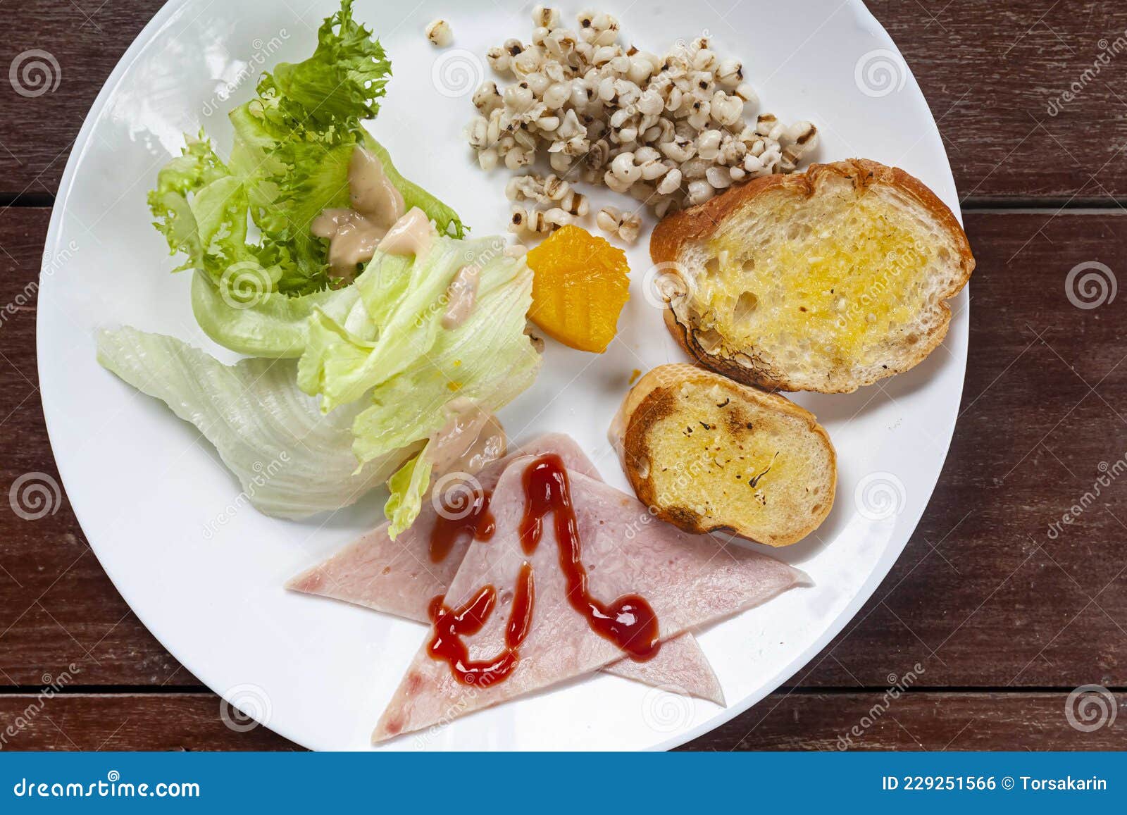 Western Breakfast Set , Garlic Bread, Ham and Lettuce Stock Photo ...