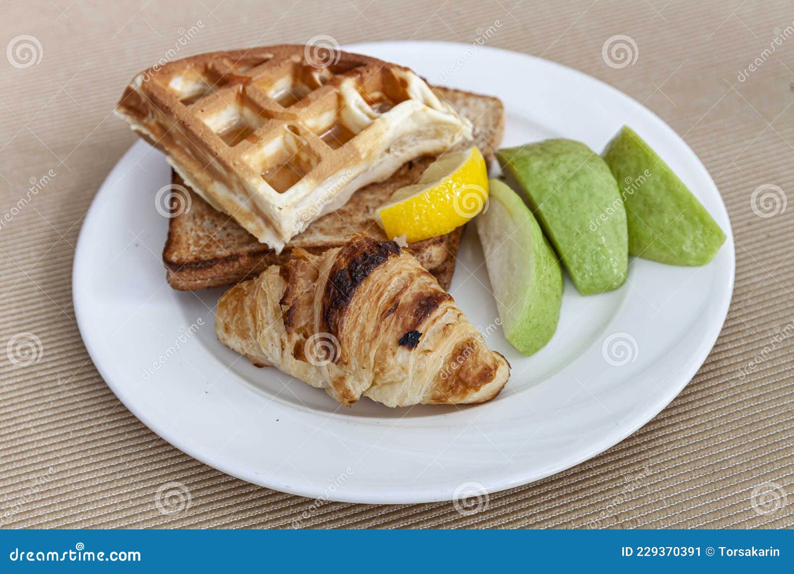 Western Breakfast Set Plate, Croissant, Toast and Fruit Stock Image ...