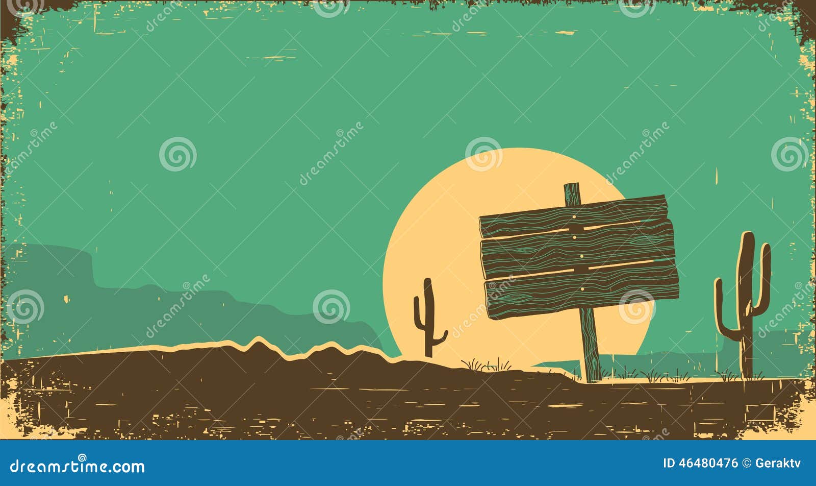 Western Illustration Of Desert Landscape On Old Paper Texture ...