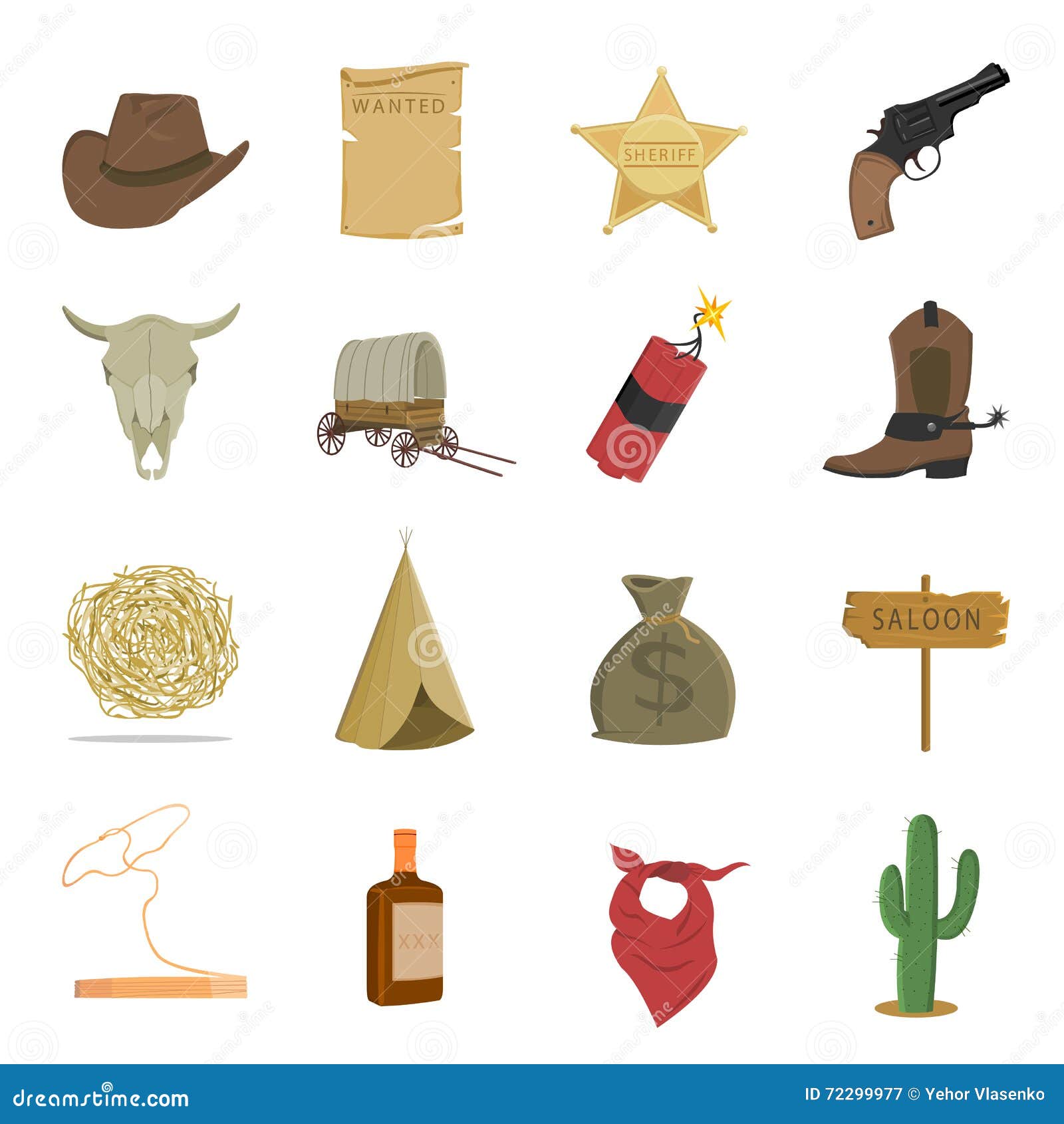 Western 16 Vector Icons Set in Cartoon Style. Stock Vector ...