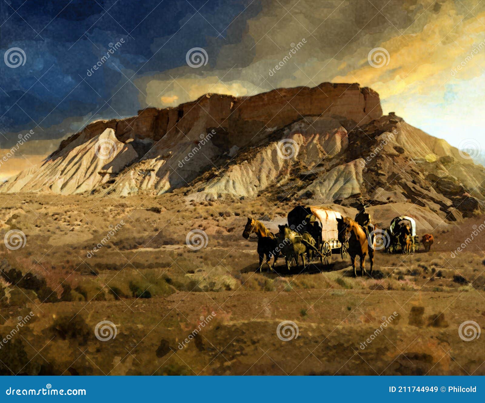 Wagon Train Crossing the Desert Stock Illustration - Illustration of ...