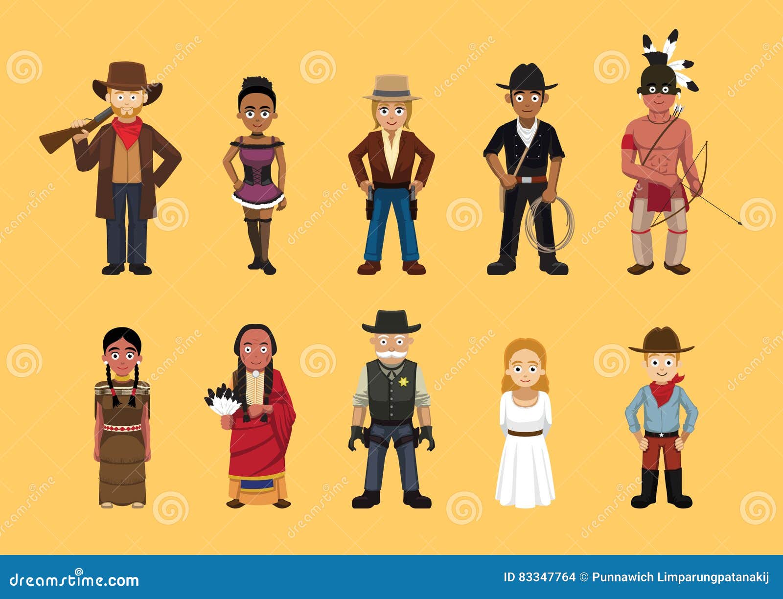 Western Wild West Cute Cartoon Characters Set Stock Vector ...