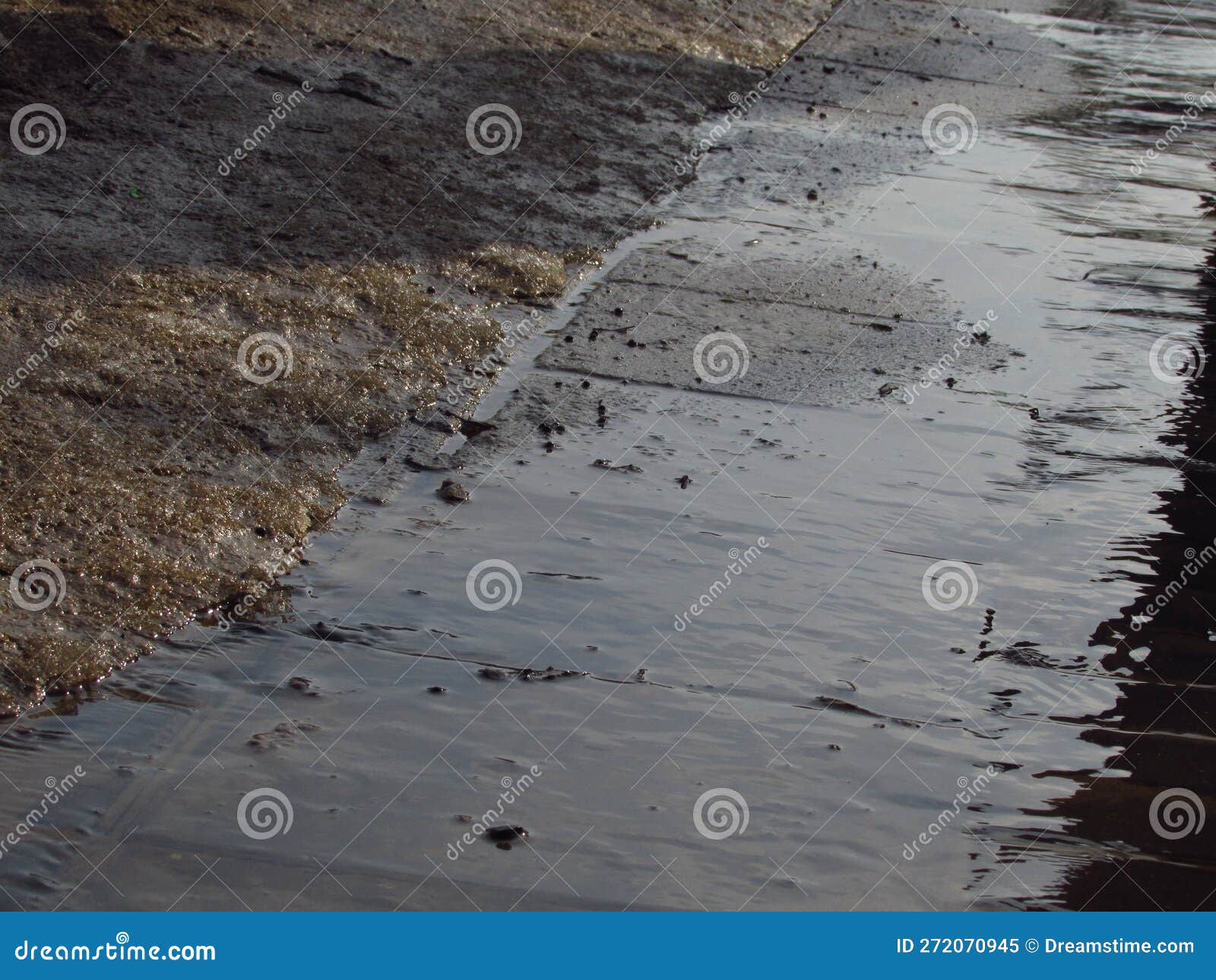 Wet Asphalt Path and Melting Dirty Snow on the Side of the Road Stock ...