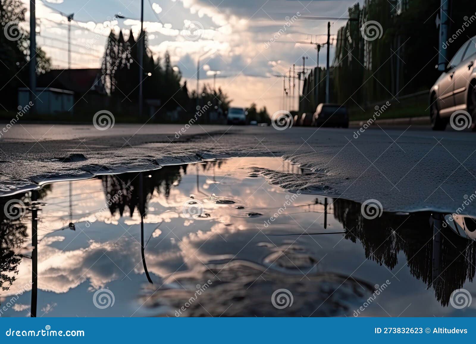Wet Asphalt with Puddle in the Middle, Creating Reflection of Sky Stock ...