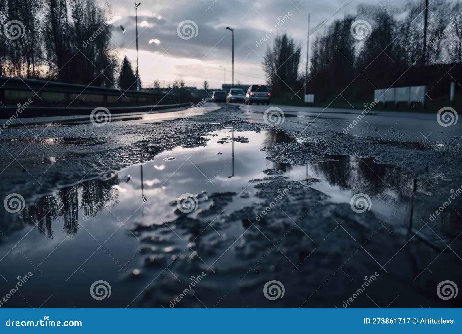 Wet Asphalt with Puddles and Reflections of the Sky, Creating a ...