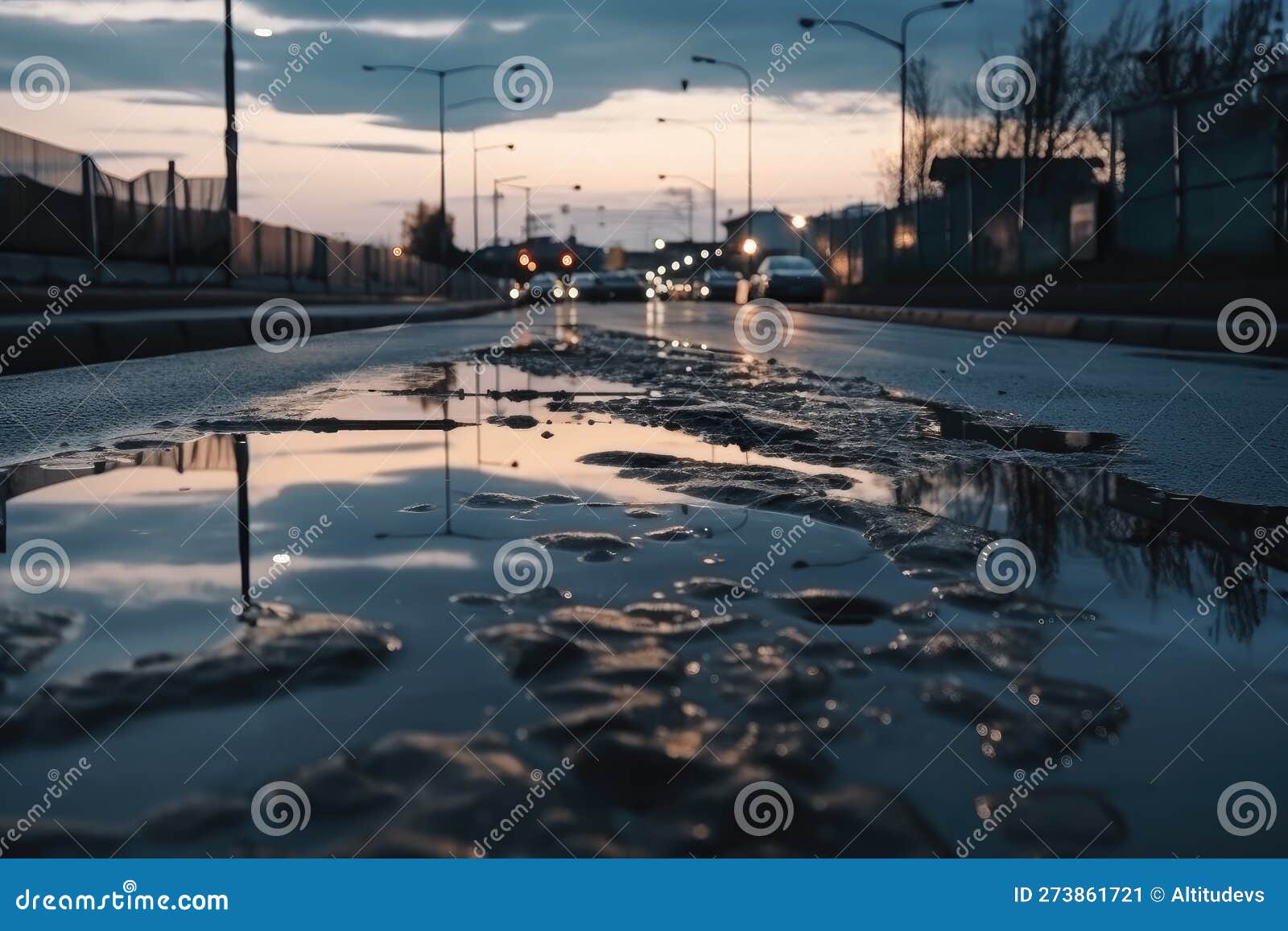 Wet Asphalt with Puddles and Reflections of the Sky, Creating a ...