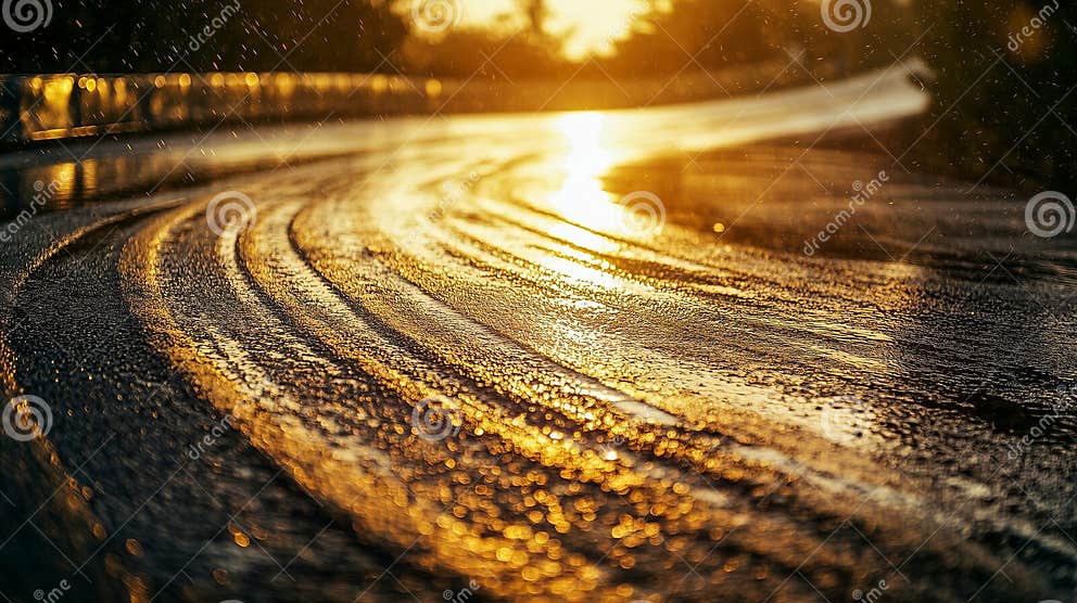 Wet Asphalt Road Reflecting Golden Sunset Light during Rain Stock Photo ...