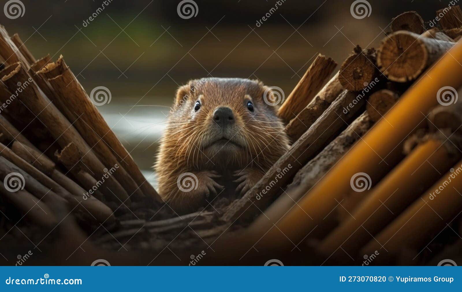 Wet Beaver Looks at Camera with Log Generated by AI Stock Illustration ...