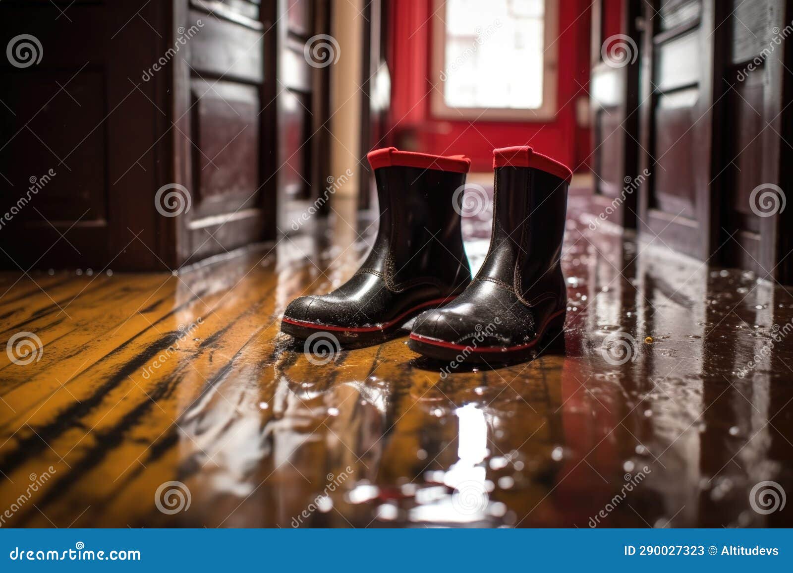 Wet Boots and a Puddle with Raindrop Ripples Indoors Stock Image ...