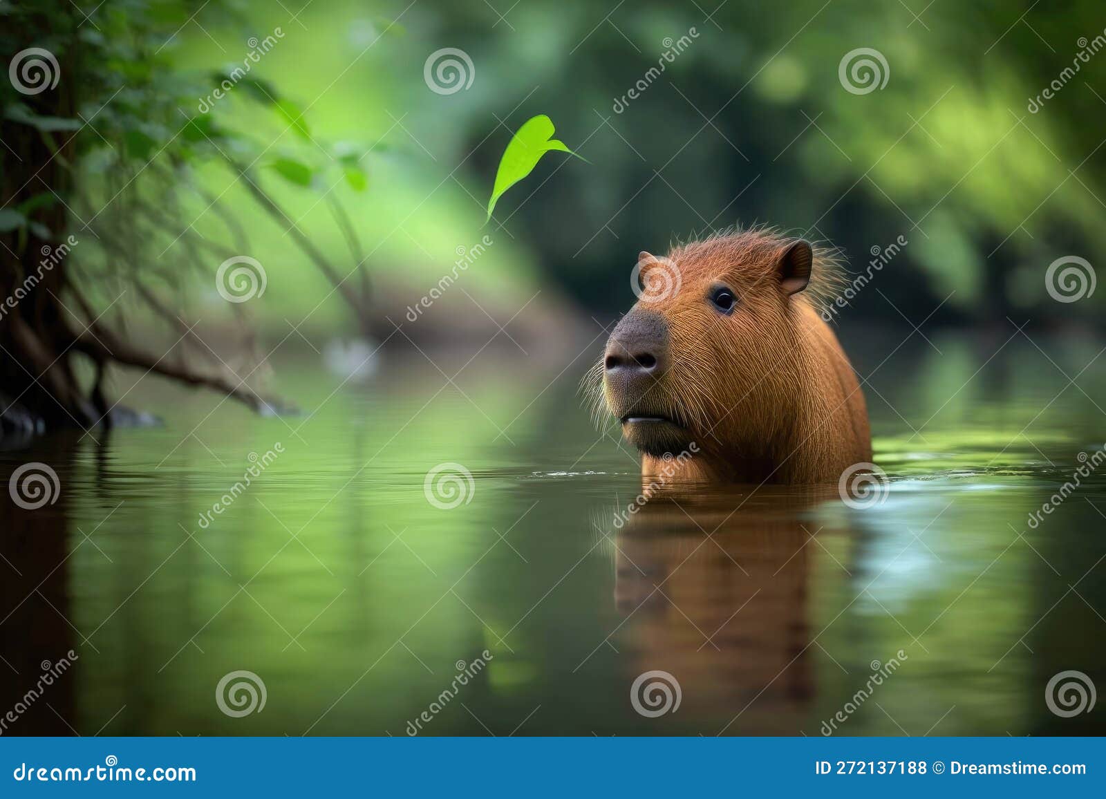 Wet Capybara Swimming Amidst Forest Greenery, Generative AI Stock ...