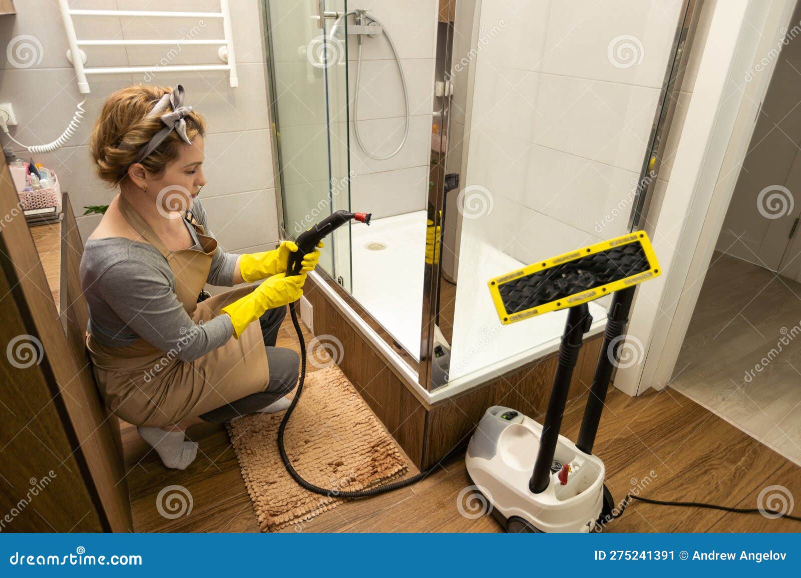 Wet Cleaning the Bathroom with a Steam Cleaner Stock Image - Image of ...