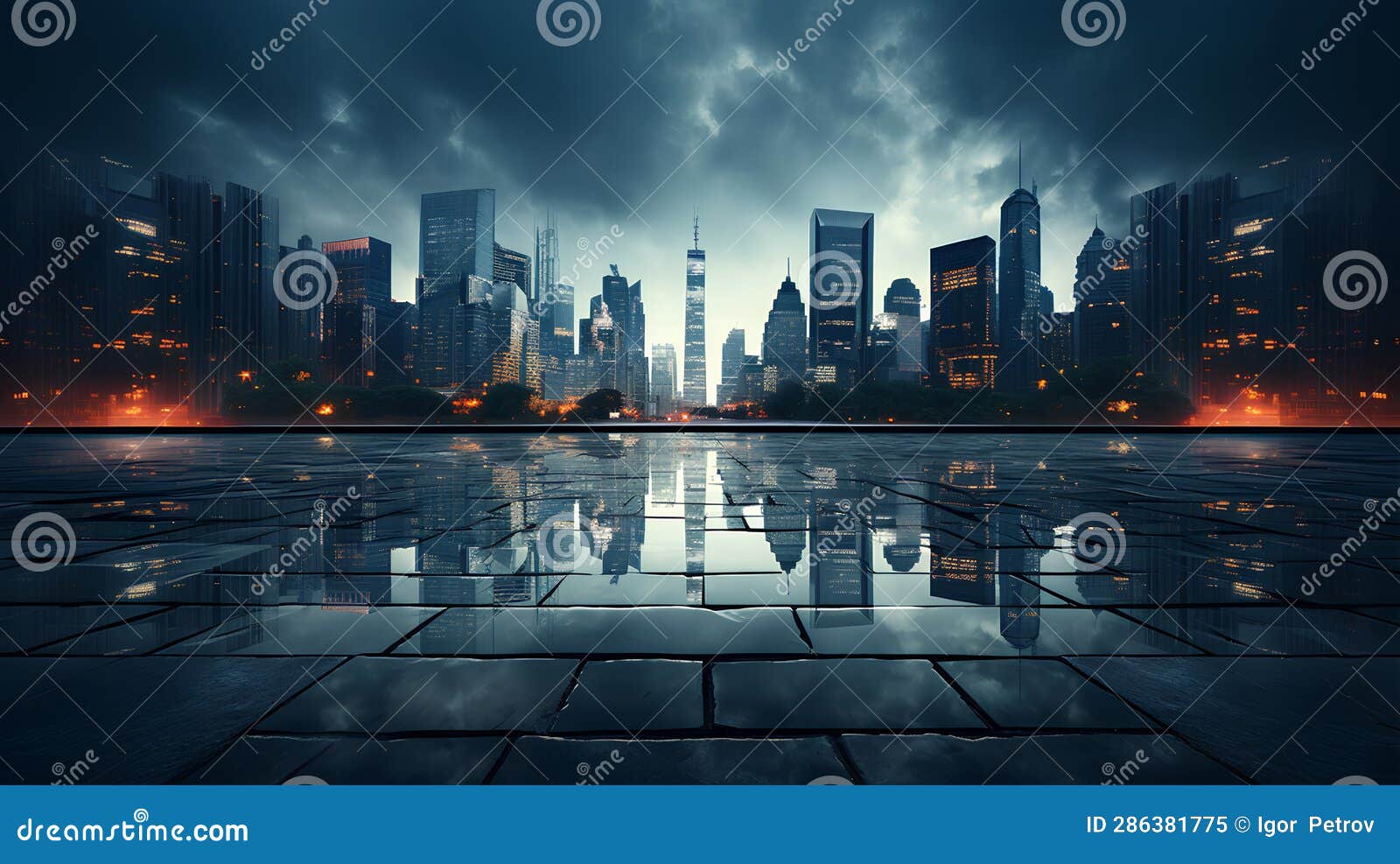 Wet Cobblestone Pavement In The Background Are The Lights Of The Night